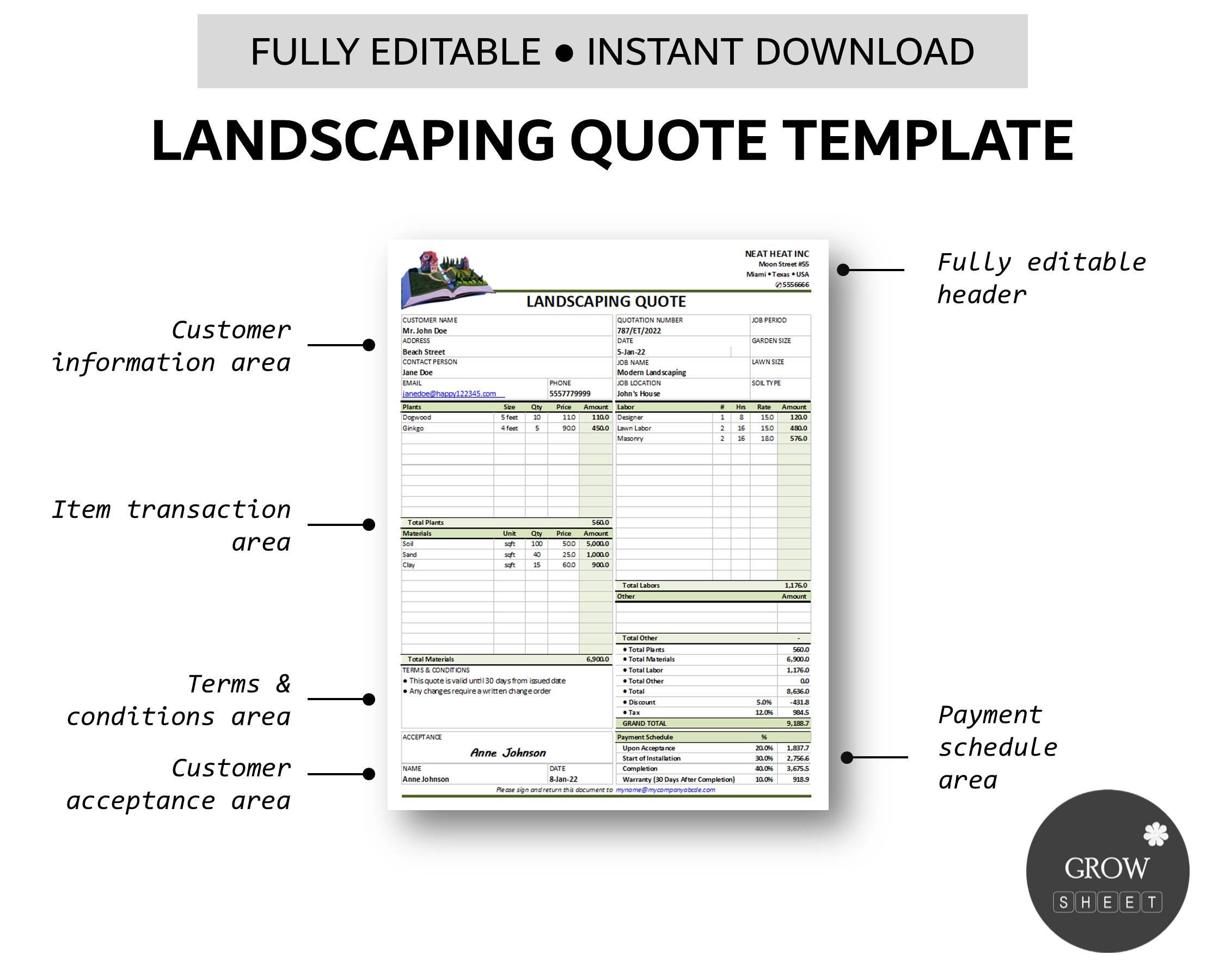 Printable Landscaping Quote Template for Excel and Google Sheets | Home ...