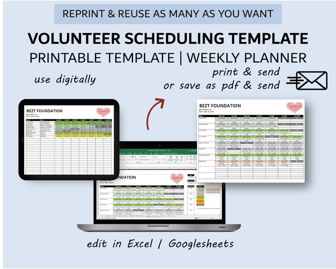 Volunteer Scheduling Template for Excel and Google Sheets | Multi Roles ...