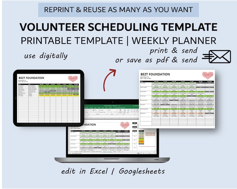 Volunteer Scheduling Template for Excel and Google Sheets | Multi Roles ...