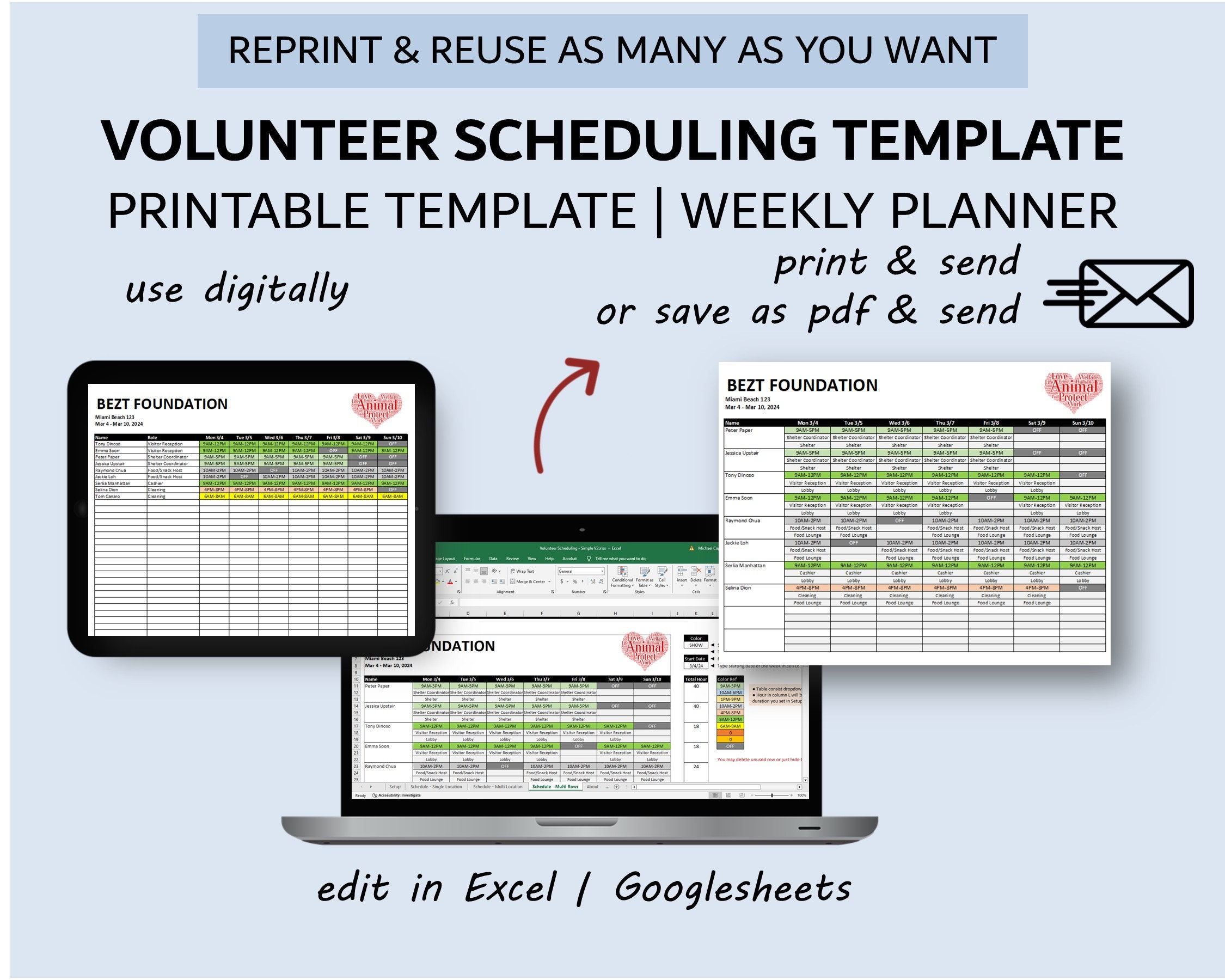 Volunteer Scheduling Template for Excel and Google Sheets | Multi Roles ...