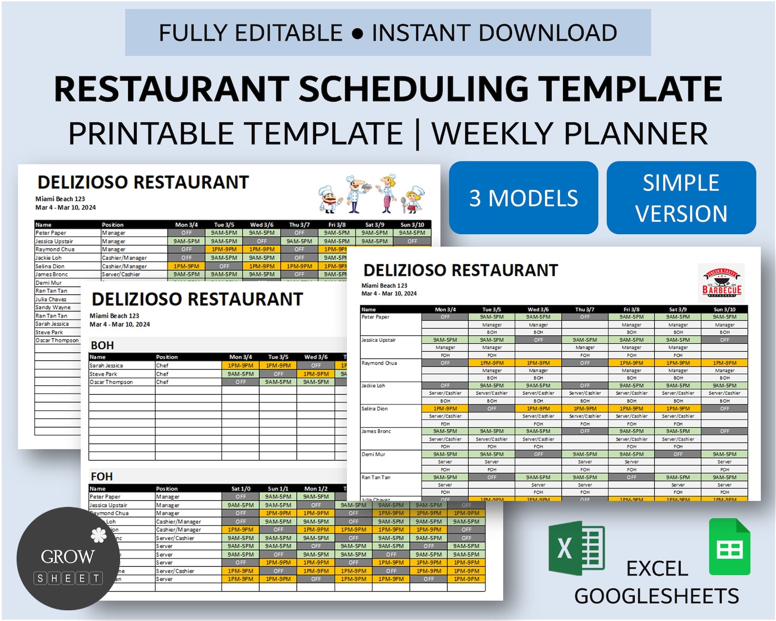 Restaurant Scheduling Template for Excel and Google Sheets | Multi ...