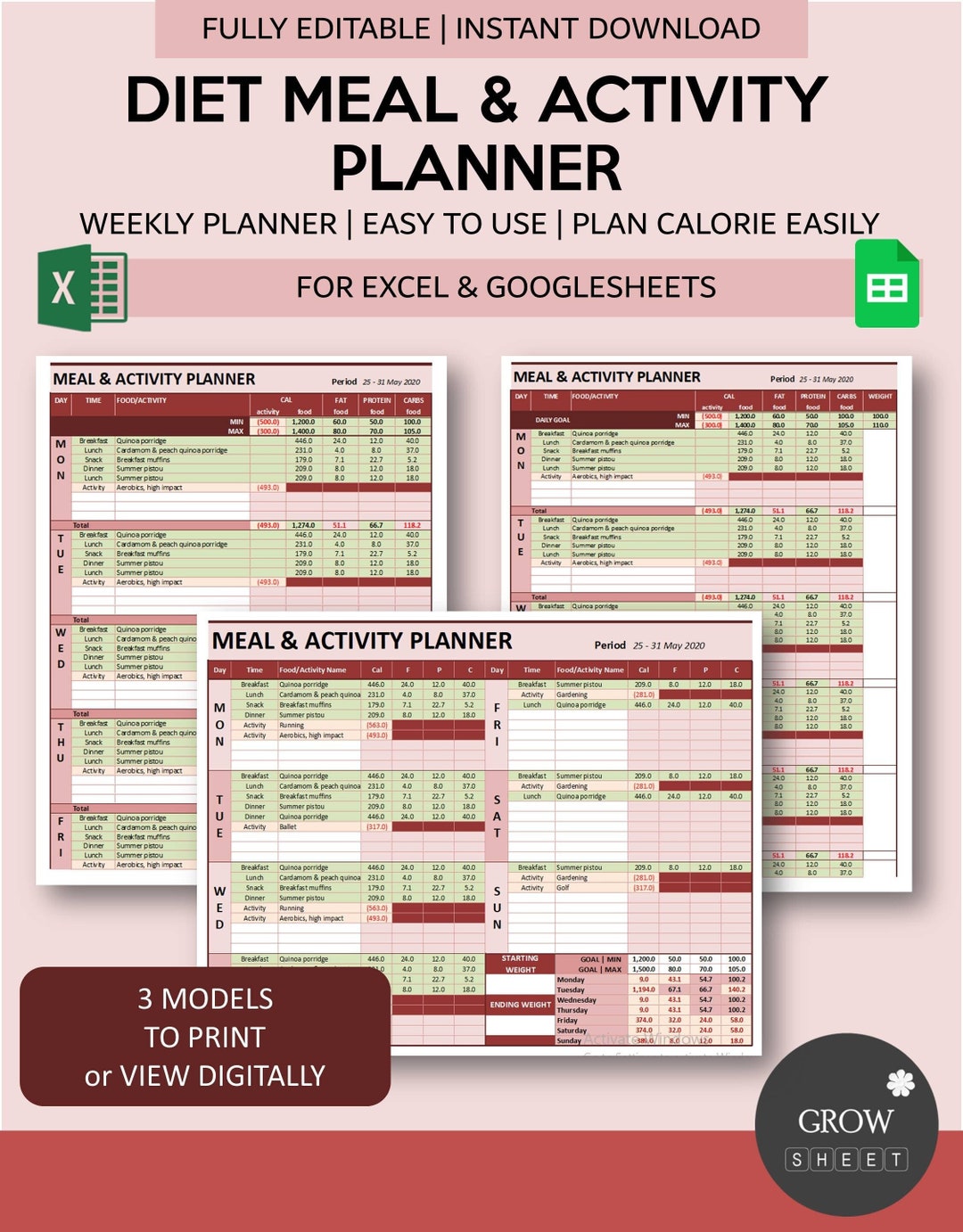 Diet Meal and Activity Planner for Excel and Google Sheets | Fully ...