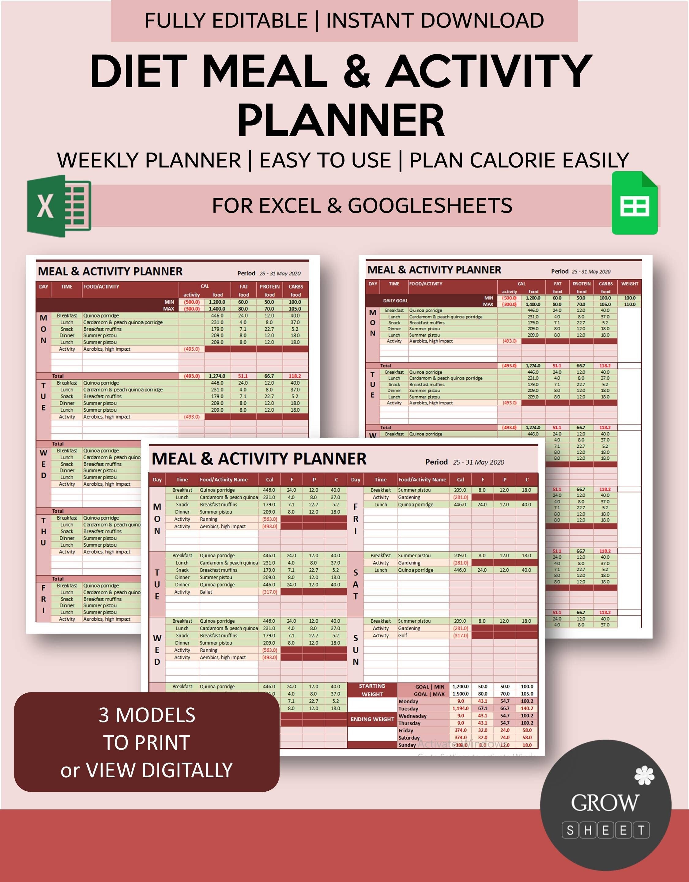 Diet Meal and Activity Planner for Excel and Google Sheets Fully ...