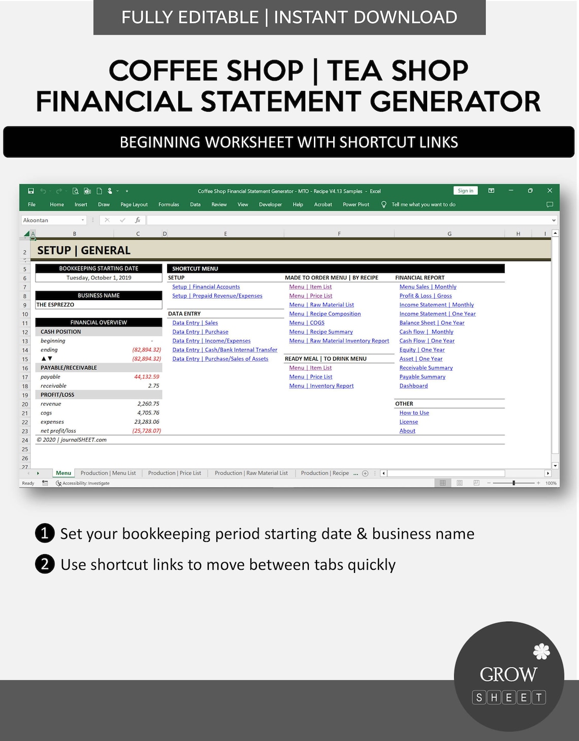 Coffee Shop Business Financial Statement Generator | Automated Income ...