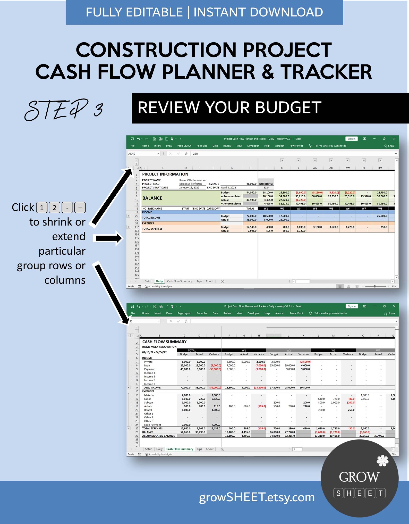 Construction Project Cash Flow Planner and Tracker Spreadsheet | Daily ...