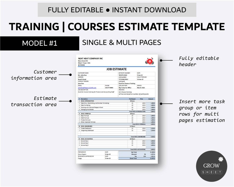 Printable Training Estimate Template for Excel and Google Sheets | Hourly Job Estimate Template ...