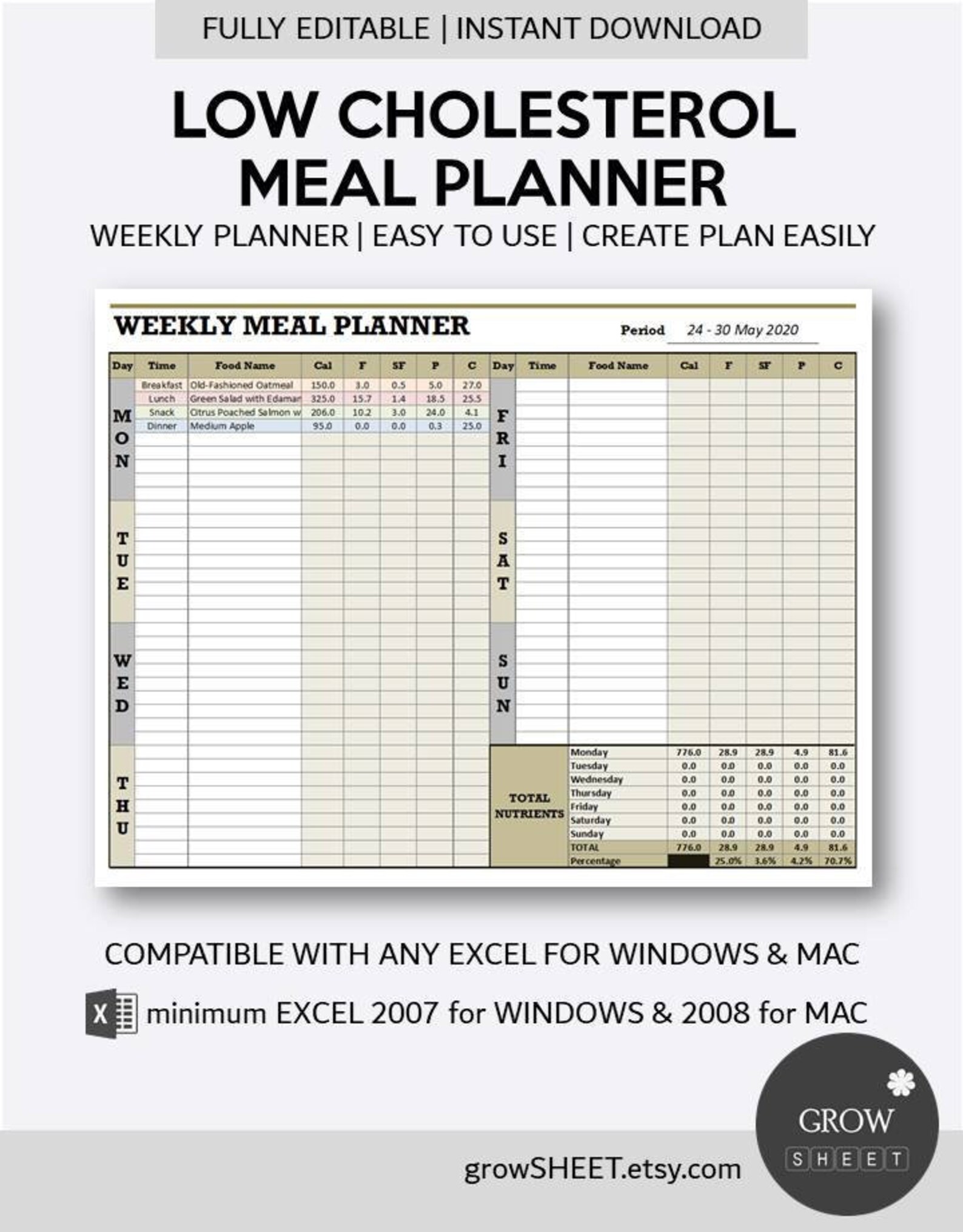 Low Cholesterol Meal Planner - Excel Template | Fully Editable Weekly ...