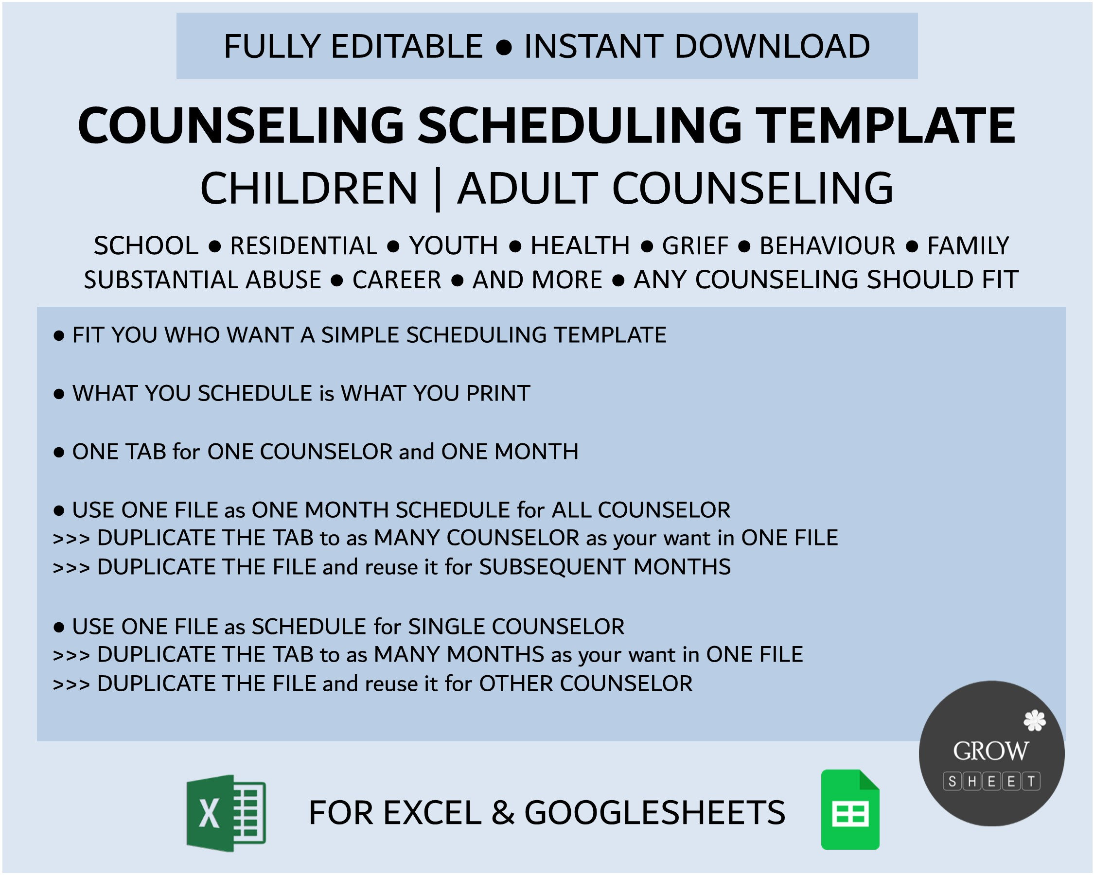 Counseling Scheduling Template for Excel and Google Sheets | Printable ...