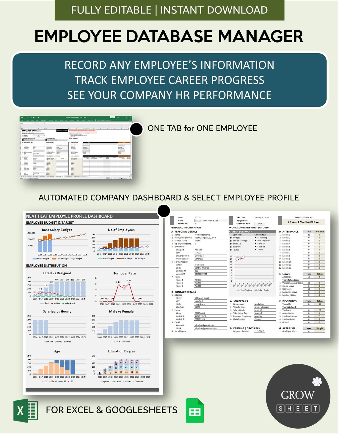 Employee Database Management System for Excel and Google Sheets | Human Resources KPI | 10 Years ...
