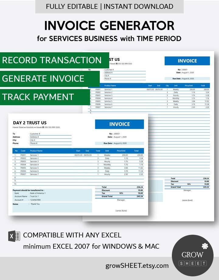 Daycare Invoice Generator | Excel Invoice Template for Services ...