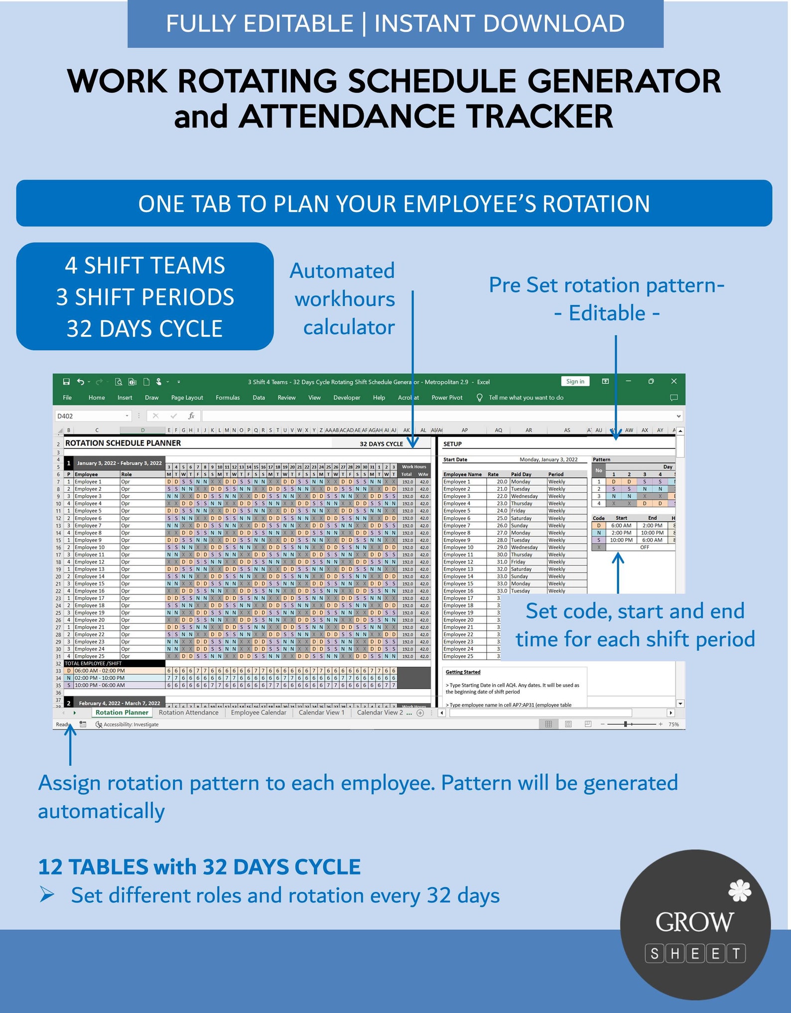 Work Rotating Generator Template and Attendance Tracker | Automated ...