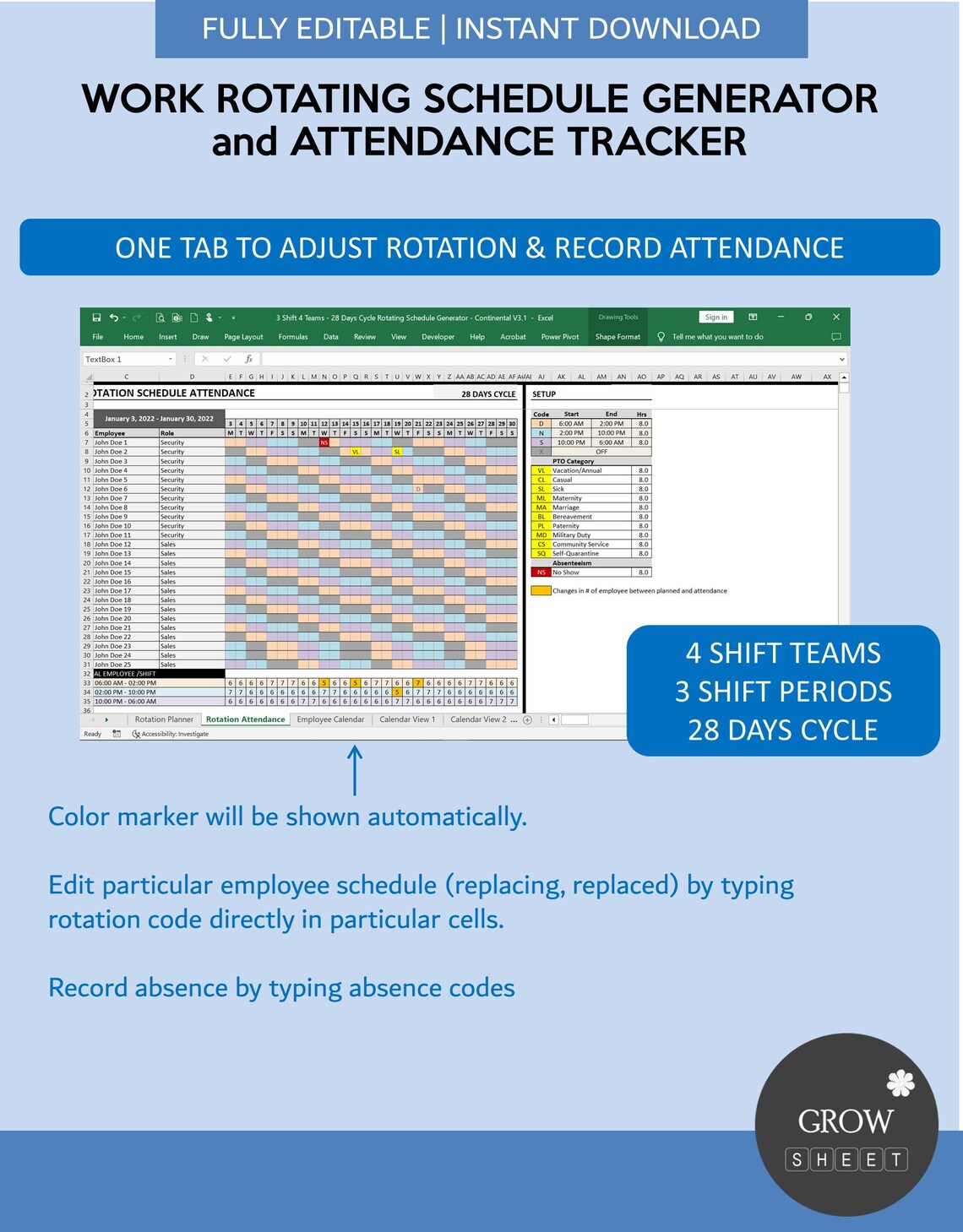 Work Rotating Generator Template and Attendance Tracker | Automated ...