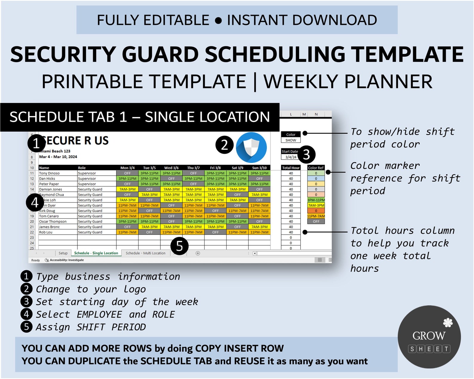 Security Guard Scheduling Template | Multi Roles-location-shift Period ...