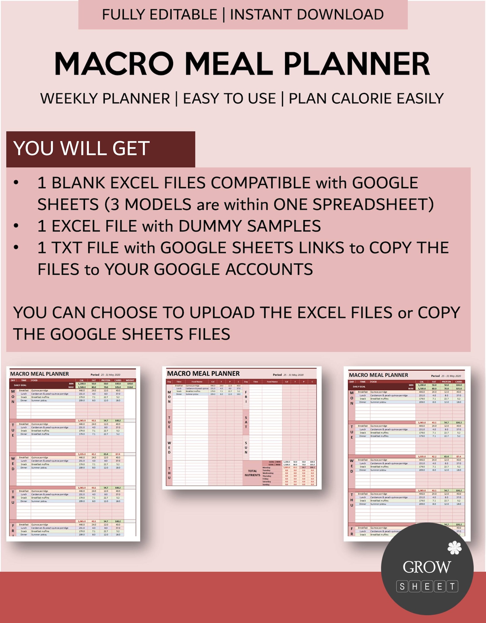 Macro Meal Planner for Excel and Googlesheets | Fully Editable Weekly ...