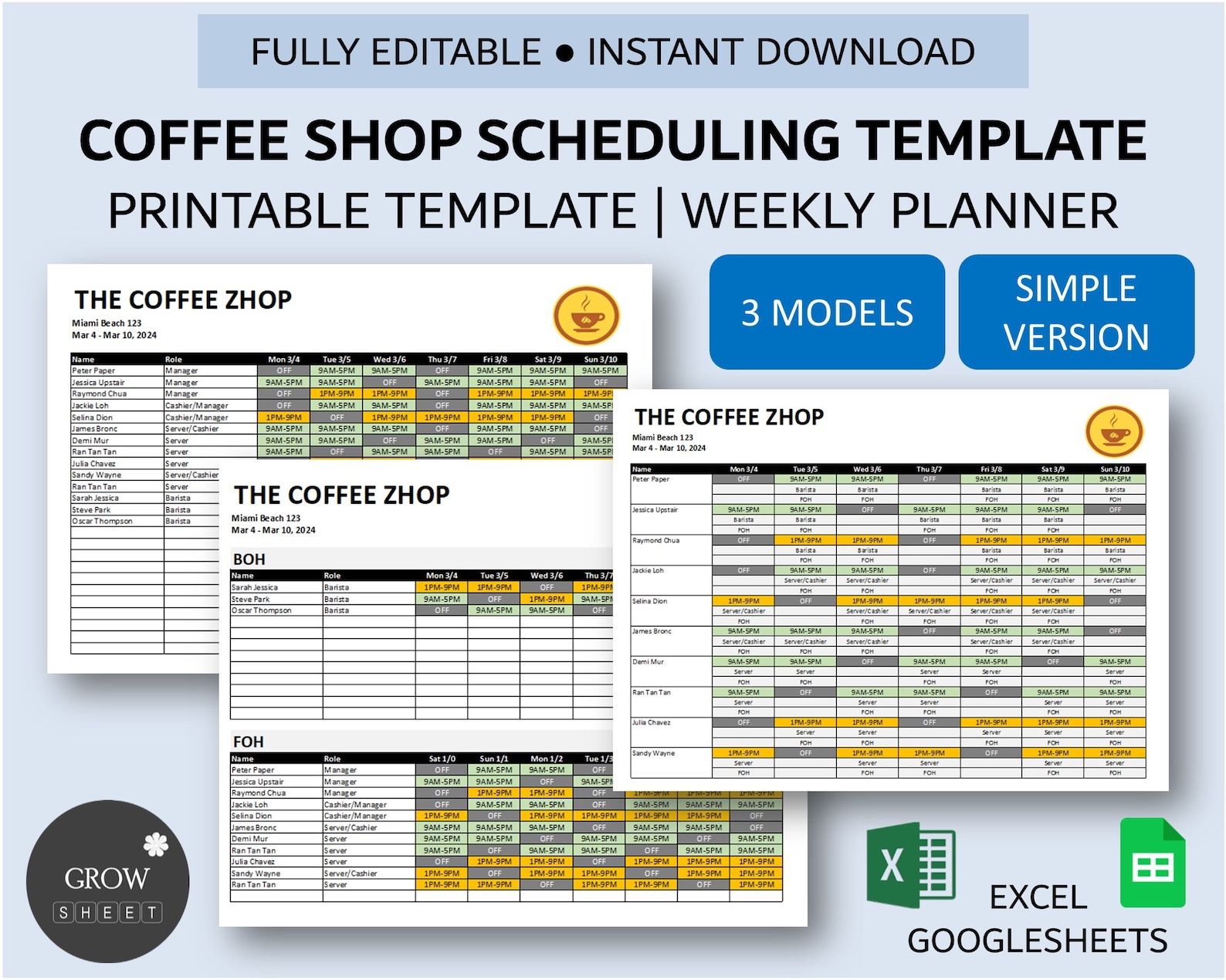 Coffee Shop Scheduling Template for Excel and Google Sheets | Multi ...