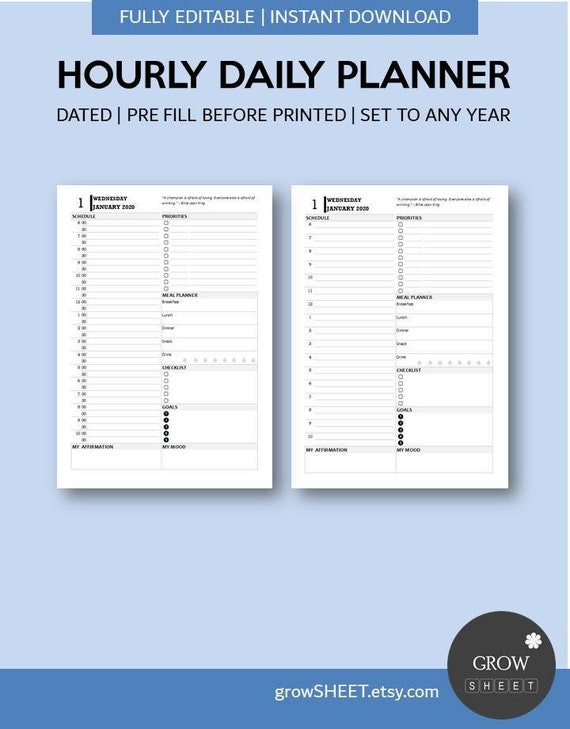 Daily Planner Hourly Printable Daily Planner Template Half - Etsy