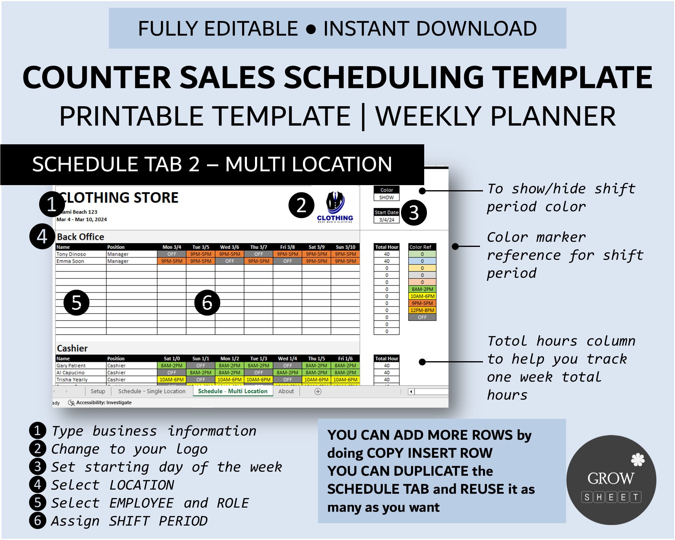 Sales Scheduling Template for Excel and Google Sheets | Multi Roles ...