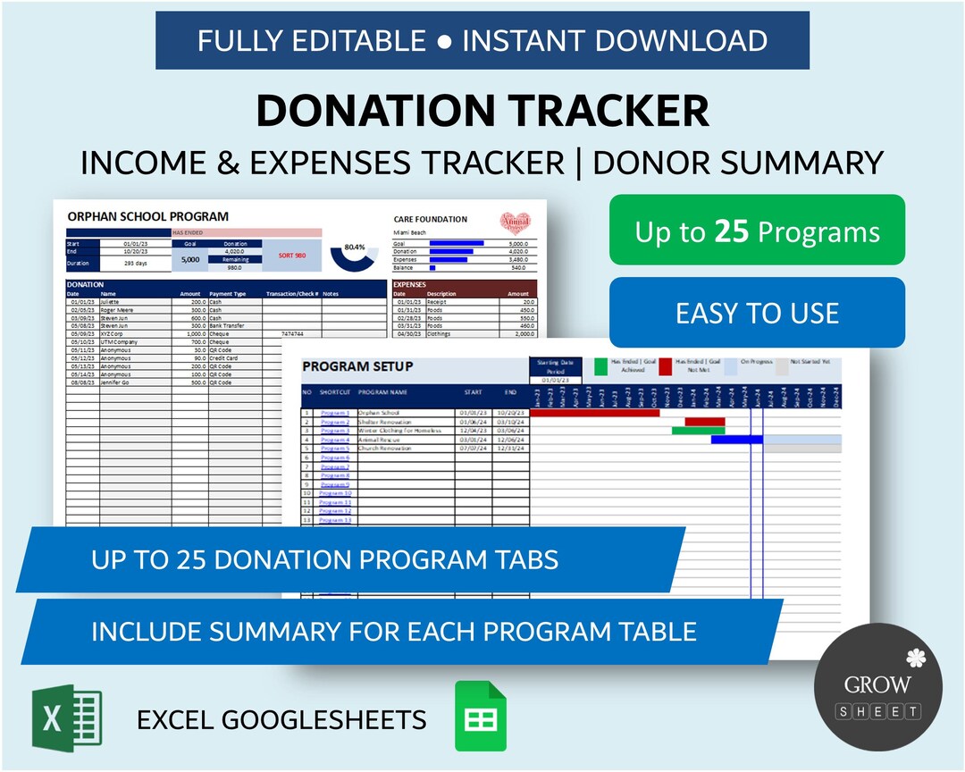 Donation Tracker Spreadsheet | Program Donation Planner and Expenses Tracker for Excel and ...