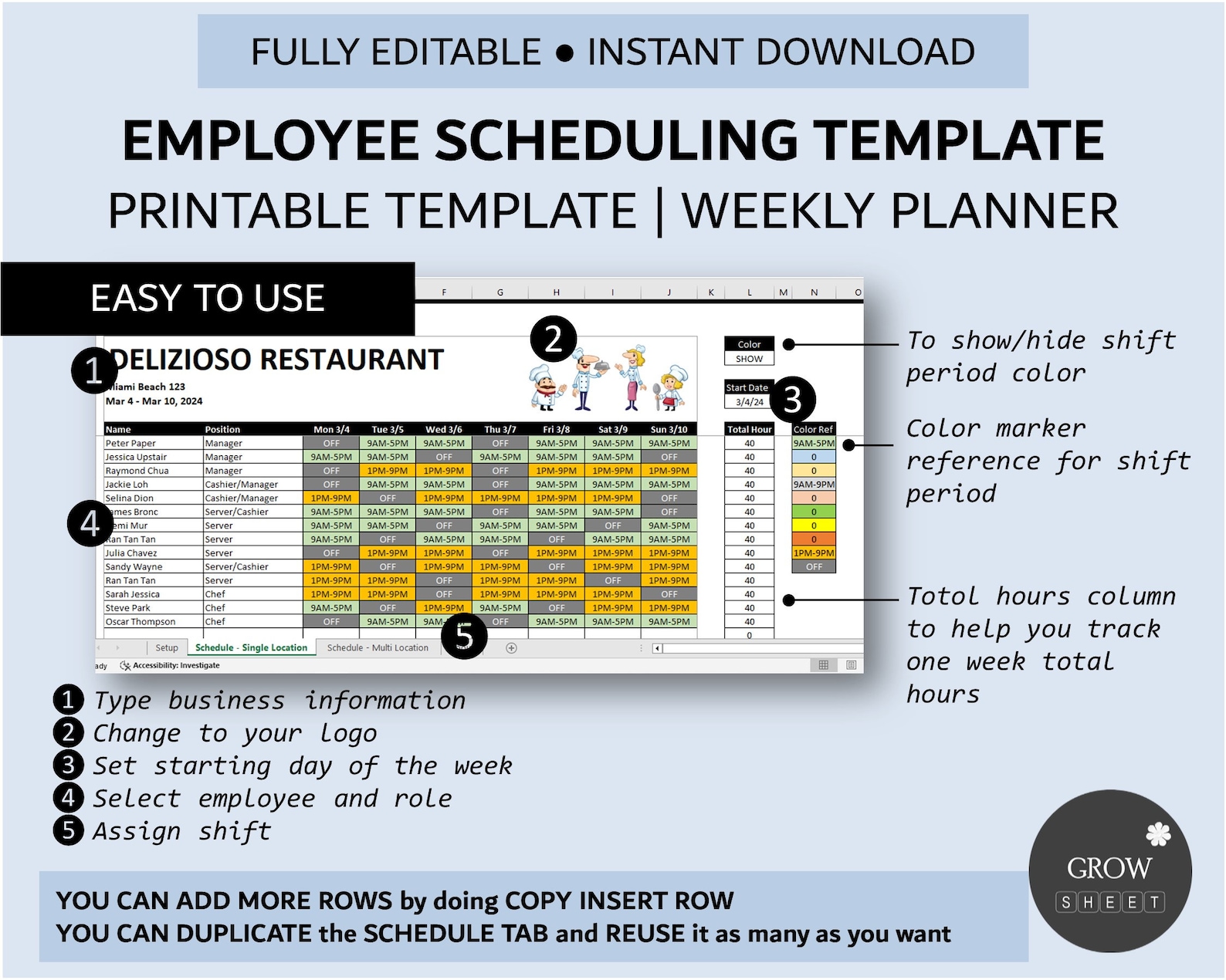 Employee Scheduling Template for Excel and Google Sheets | Multi Roles ...