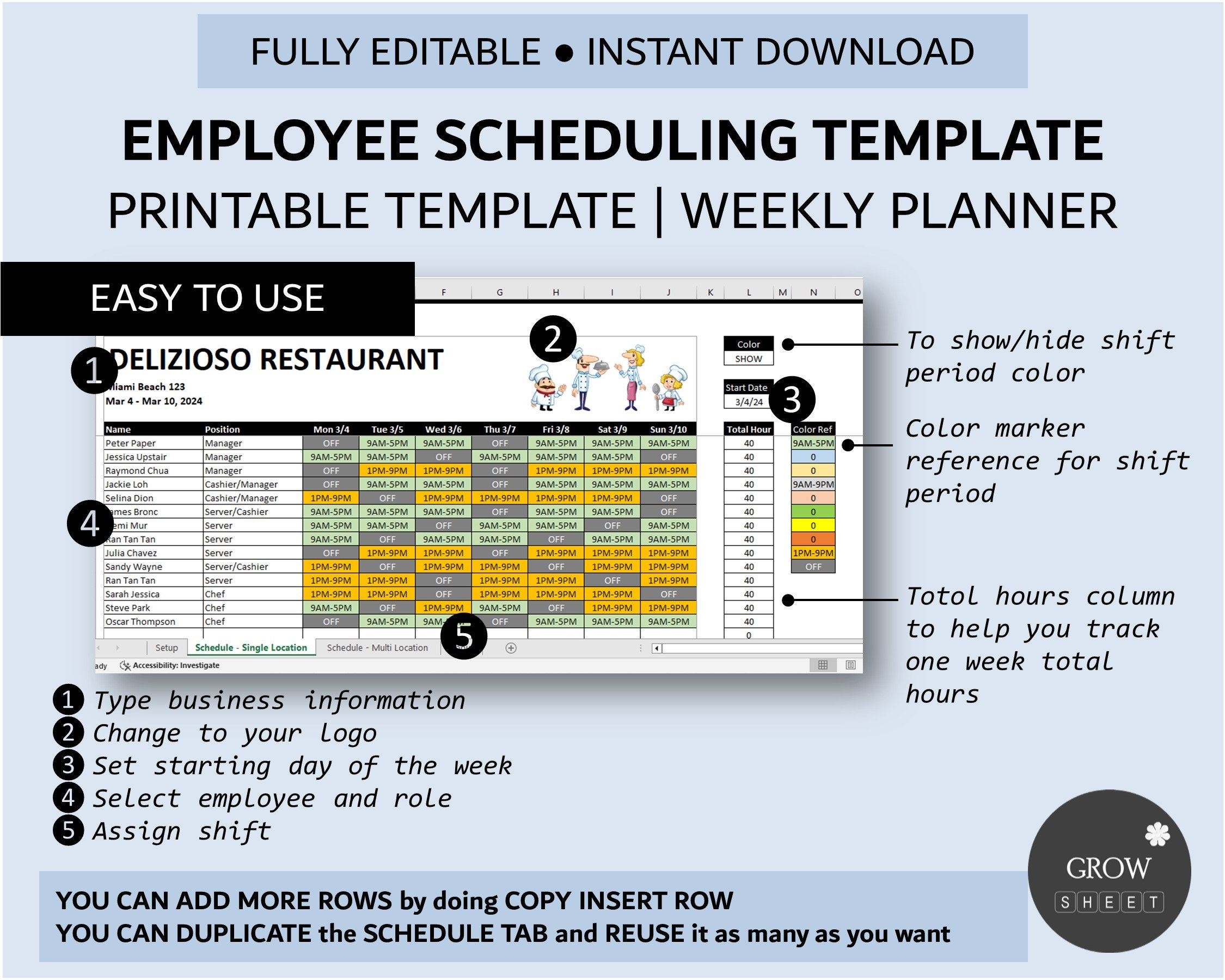 Employee Scheduling Template for Excel and Google Sheets | Multi Roles ...