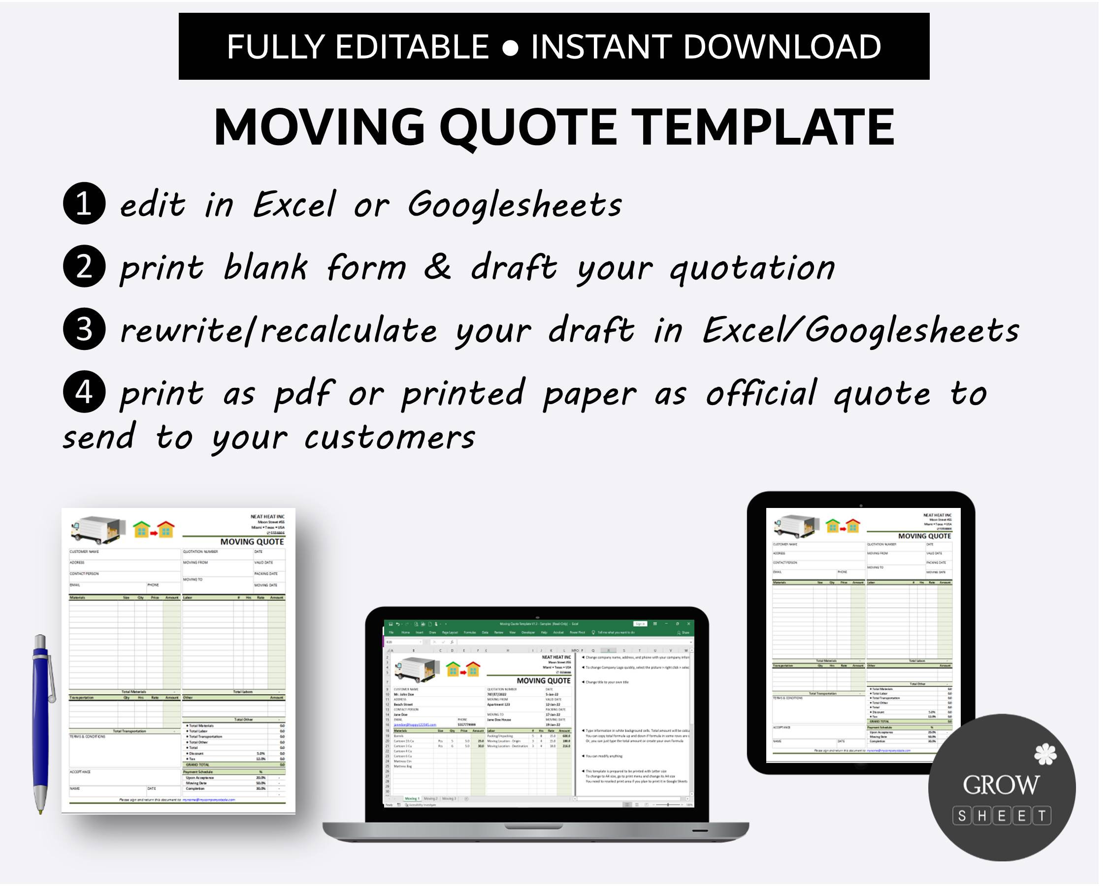 Printable Moving Quote Template for Excel and Google Sheets | Home ...