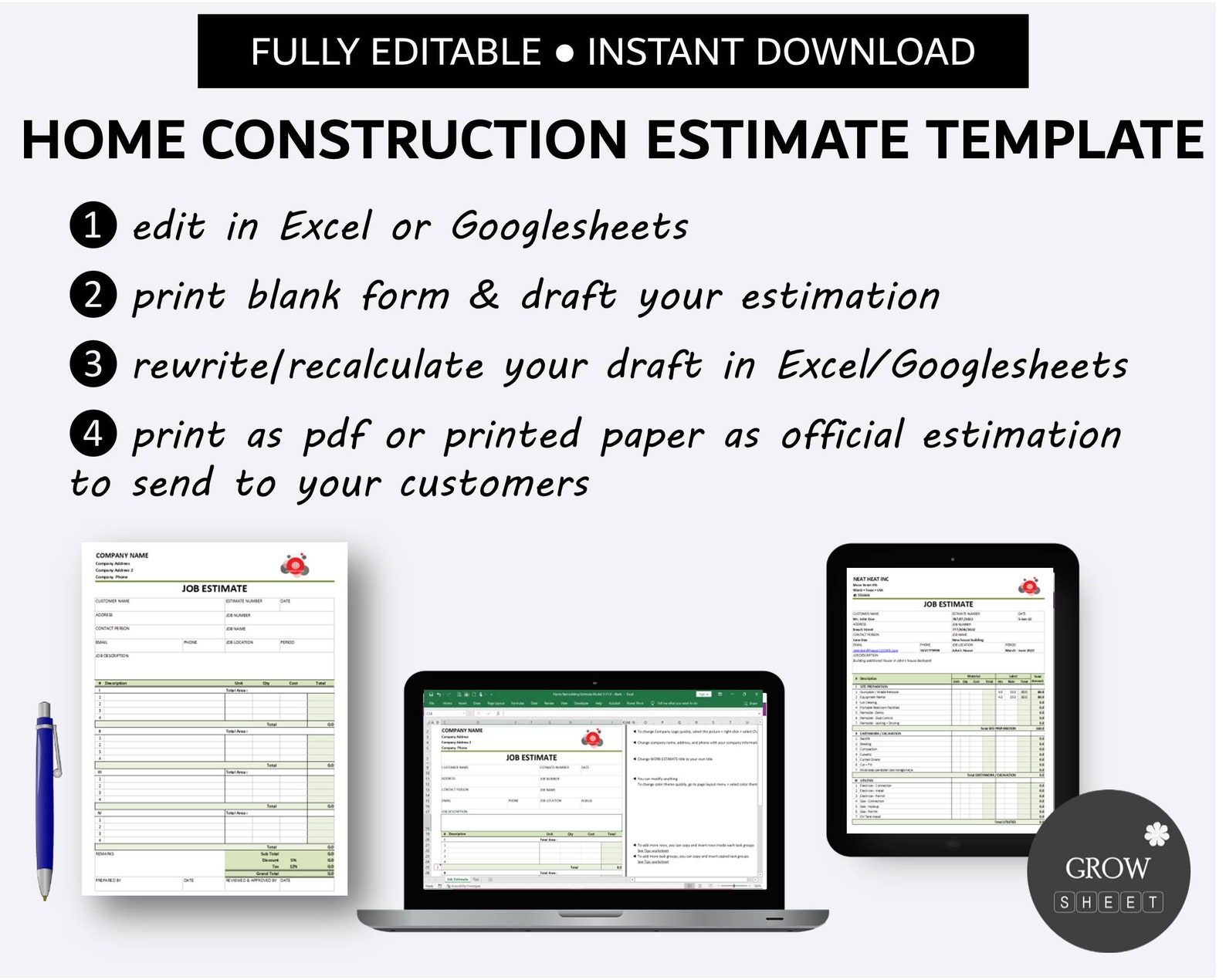 Home Construction Estimate Template | Printable Construction Estimate ...