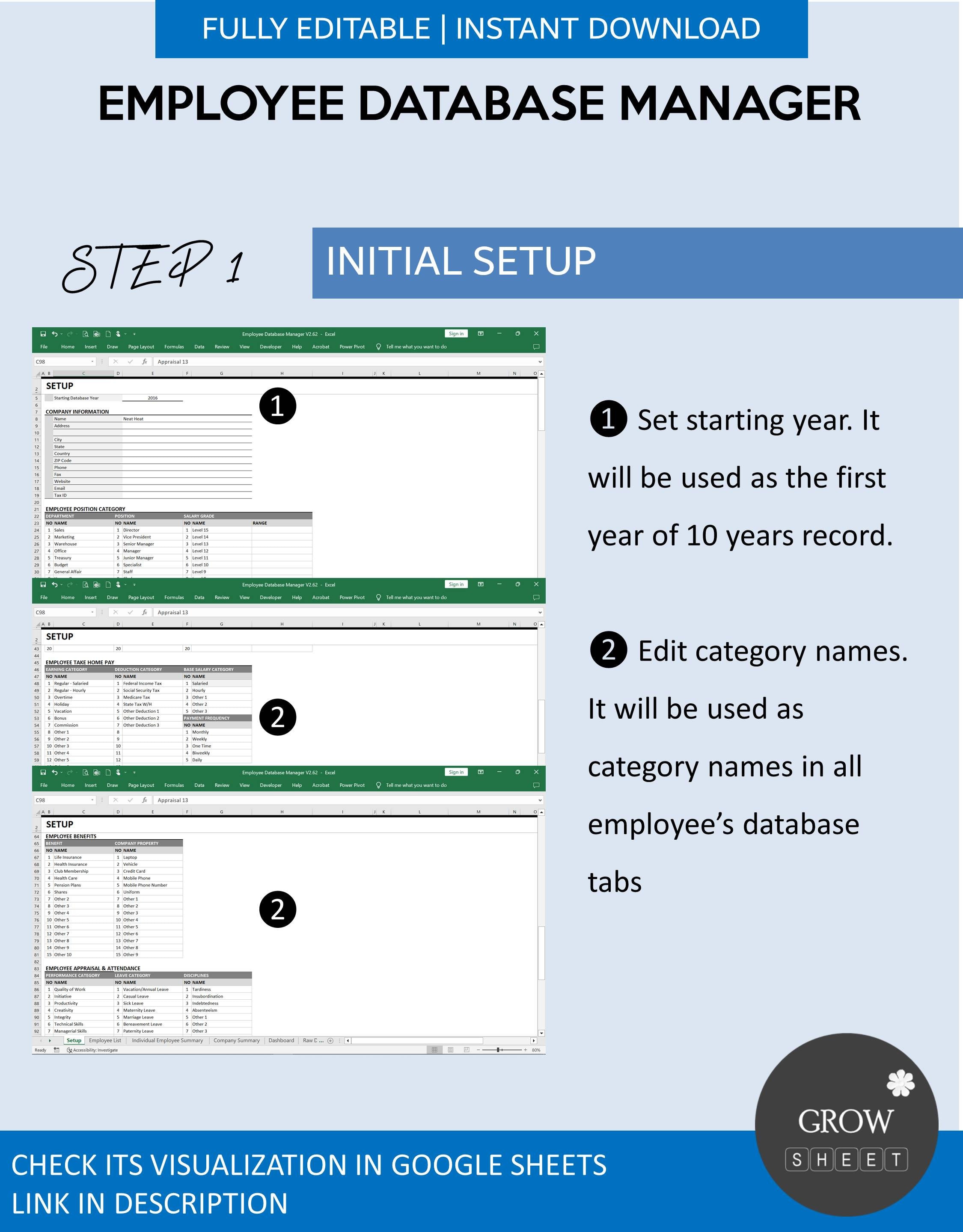 Employee Database Management System for Excel and Google Sheets Human ...