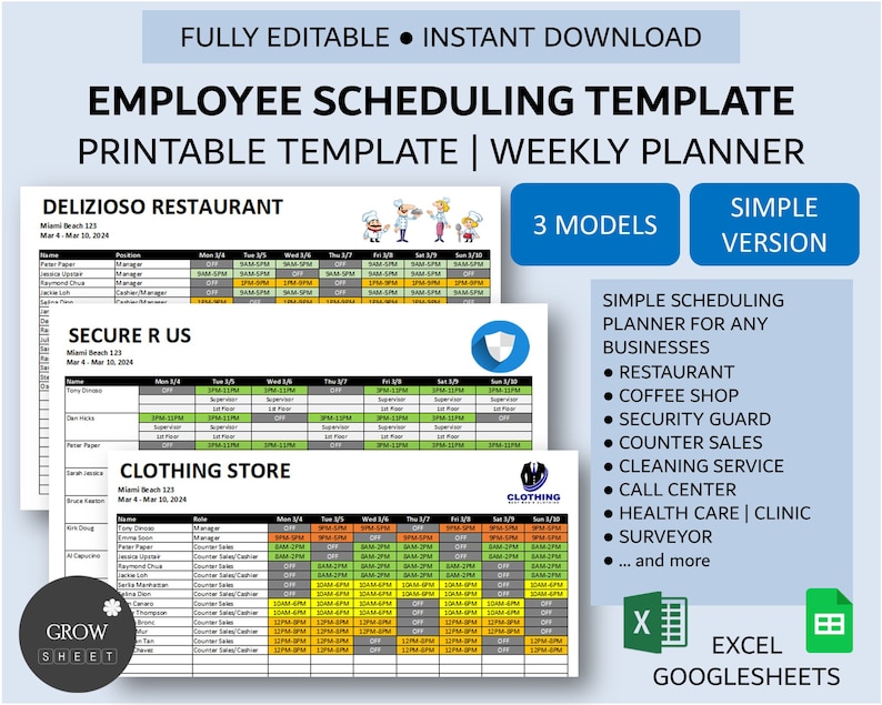 Employee Scheduling Template for Excel and Google Sheets | Multi Roles ...