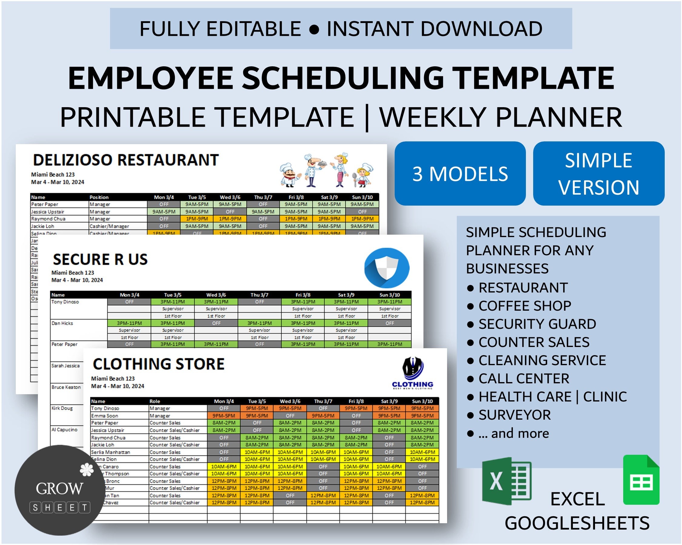 Employee Scheduling Template for Excel and Google Sheets | Multi Roles ...