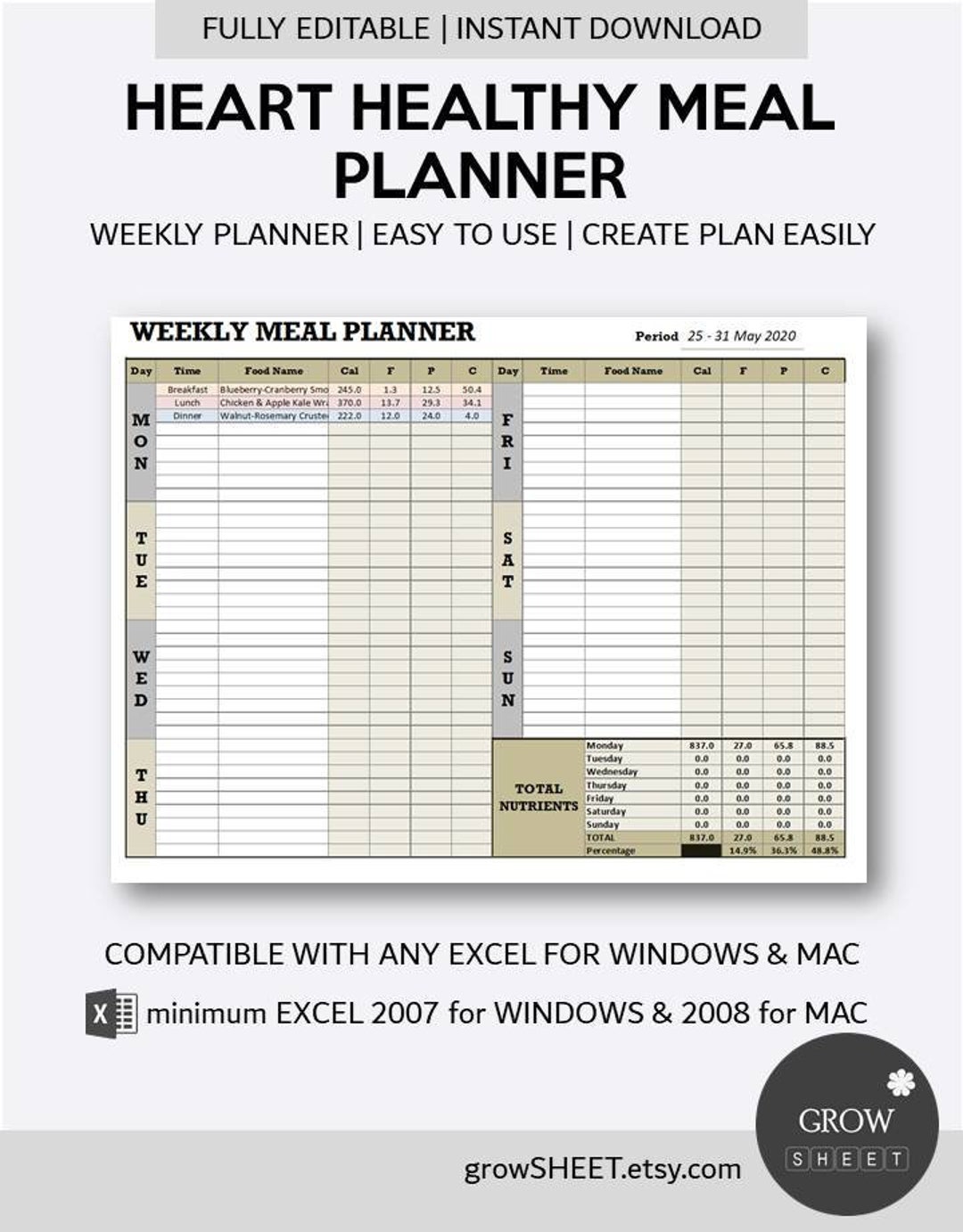 Heart Healthy Meal Planner - Excel Template | Fully Editable Weekly ...