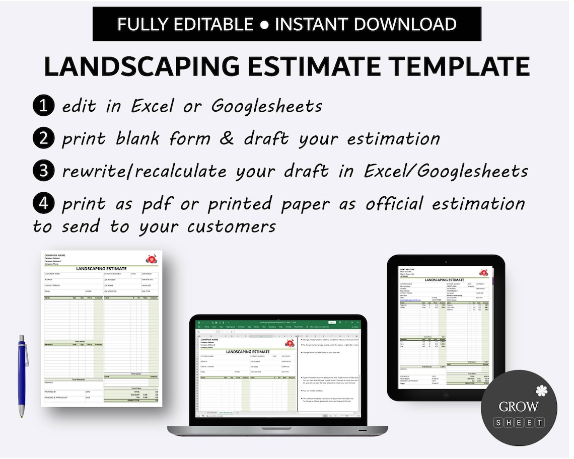 Printable Landscaping Estimate Template for Excel and Google Sheets ...