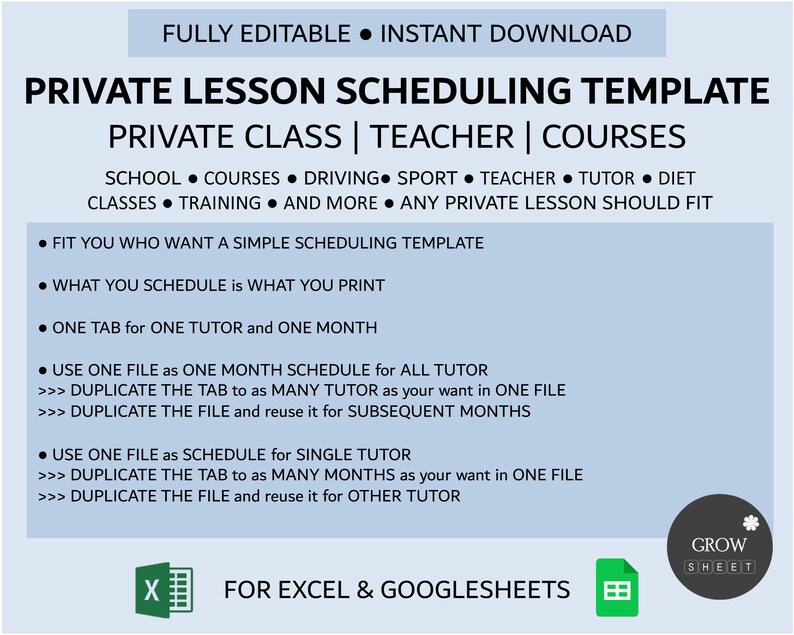 Private Lesson Scheduling Template for Excel and Google Sheets ...