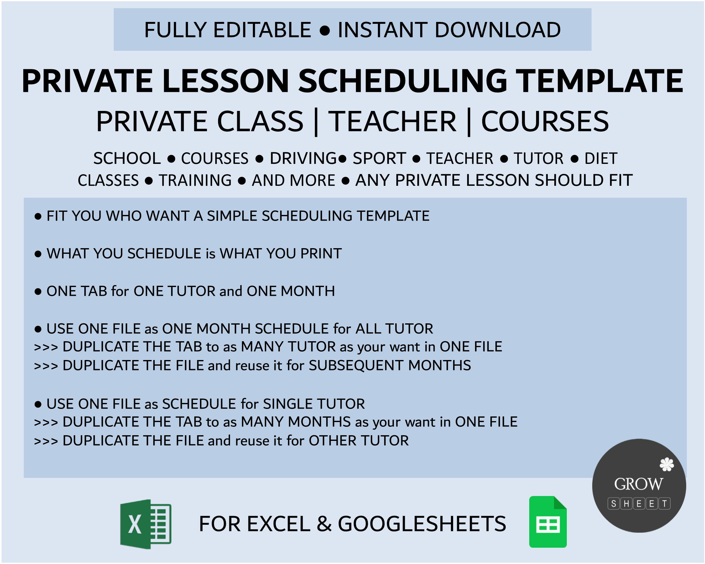 Private Lesson Scheduling Template for Excel and Google Sheets ...
