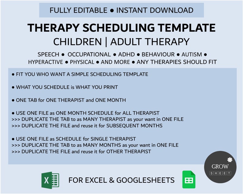 Therapy Scheduling Template for Excel and Google Sheets | Printable One ...