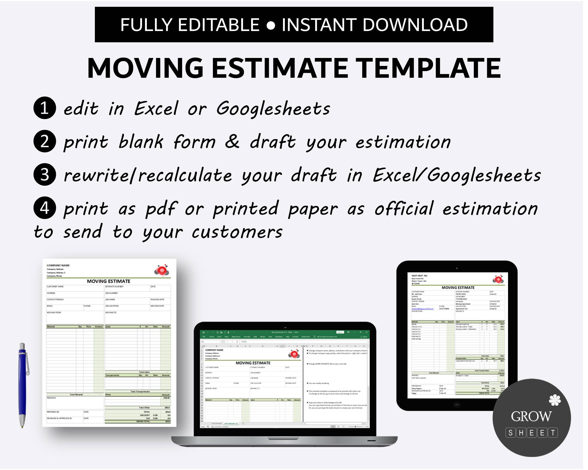 Printable Moving Estimate Template for Excel and Google Sheets | Home Mover Estimate Form | Job ...