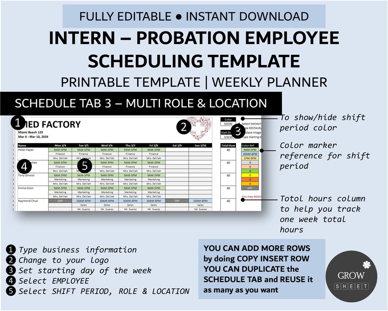 Intern-probation Employee Scheduling Template | Multi Roles-location ...