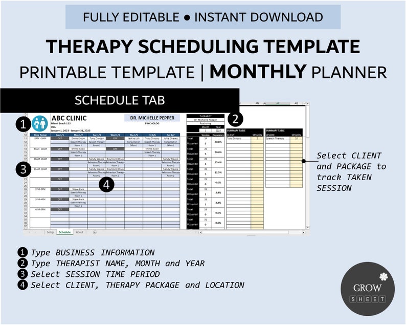 Therapy Scheduling Template for Excel and Google Sheets | Printable One ...