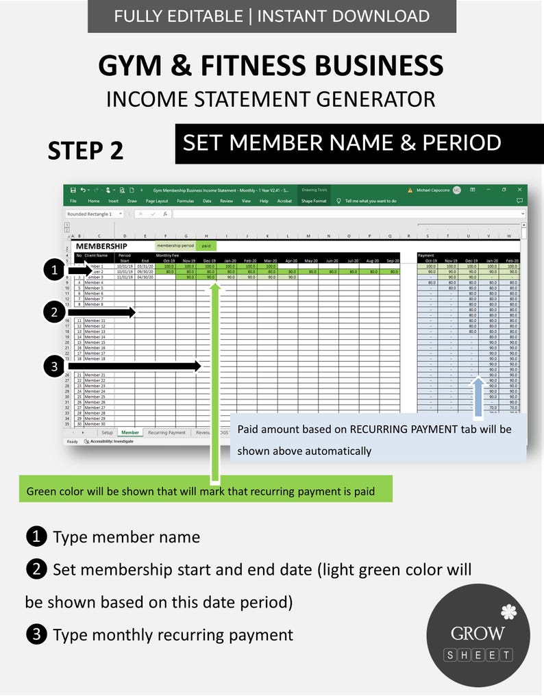 Gym-fitness Center Membership Business Income Statement Generator ...