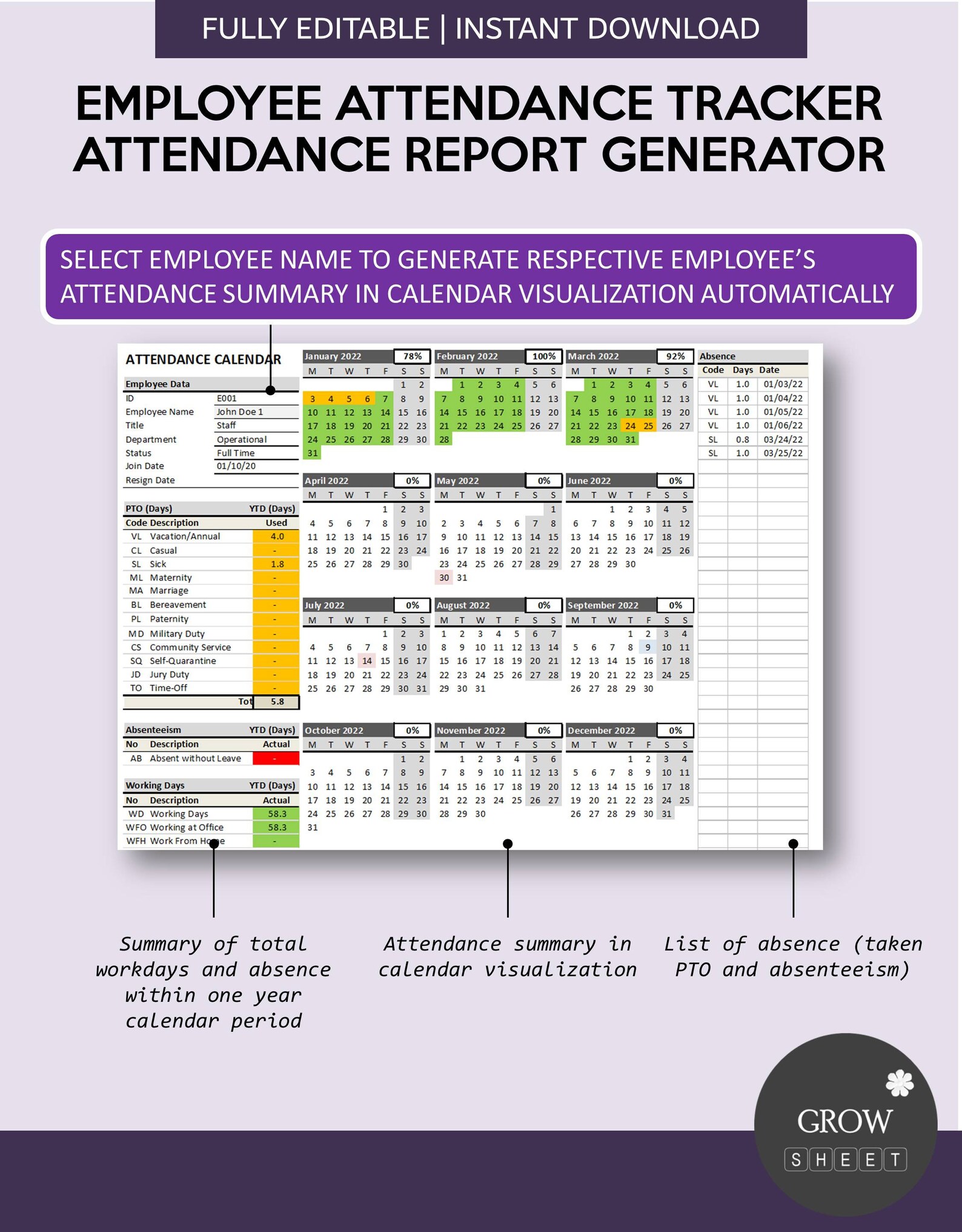 Employee Attendance Tracker and Report Generator Monthly Leave Planner ...