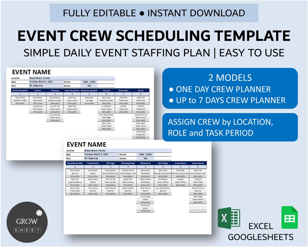 Event Crew Scheduling Template for Excel and Google Sheets | Multi ...