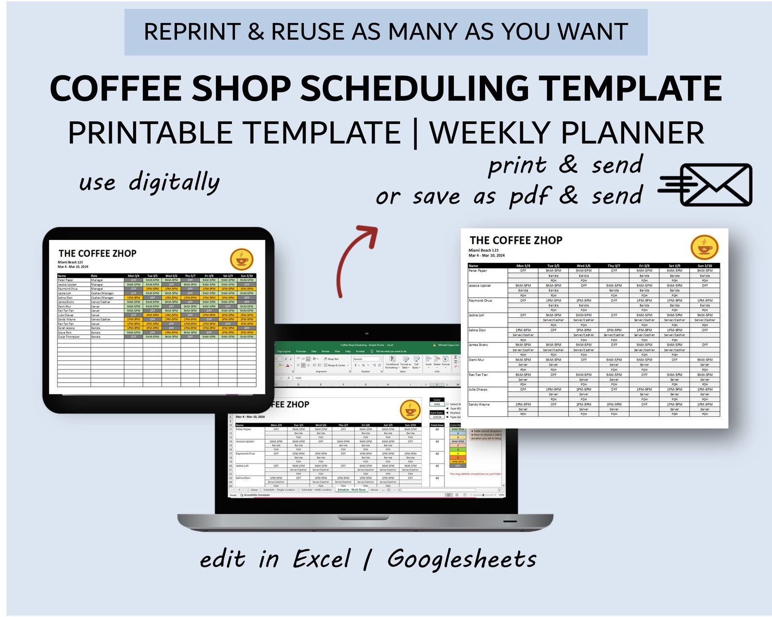 Coffee Shop Scheduling Template for Excel and Google Sheets | Multi ...