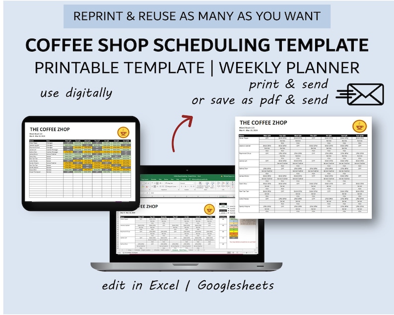 Coffee Shop Scheduling Template for Excel and Google Sheets | Multi ...
