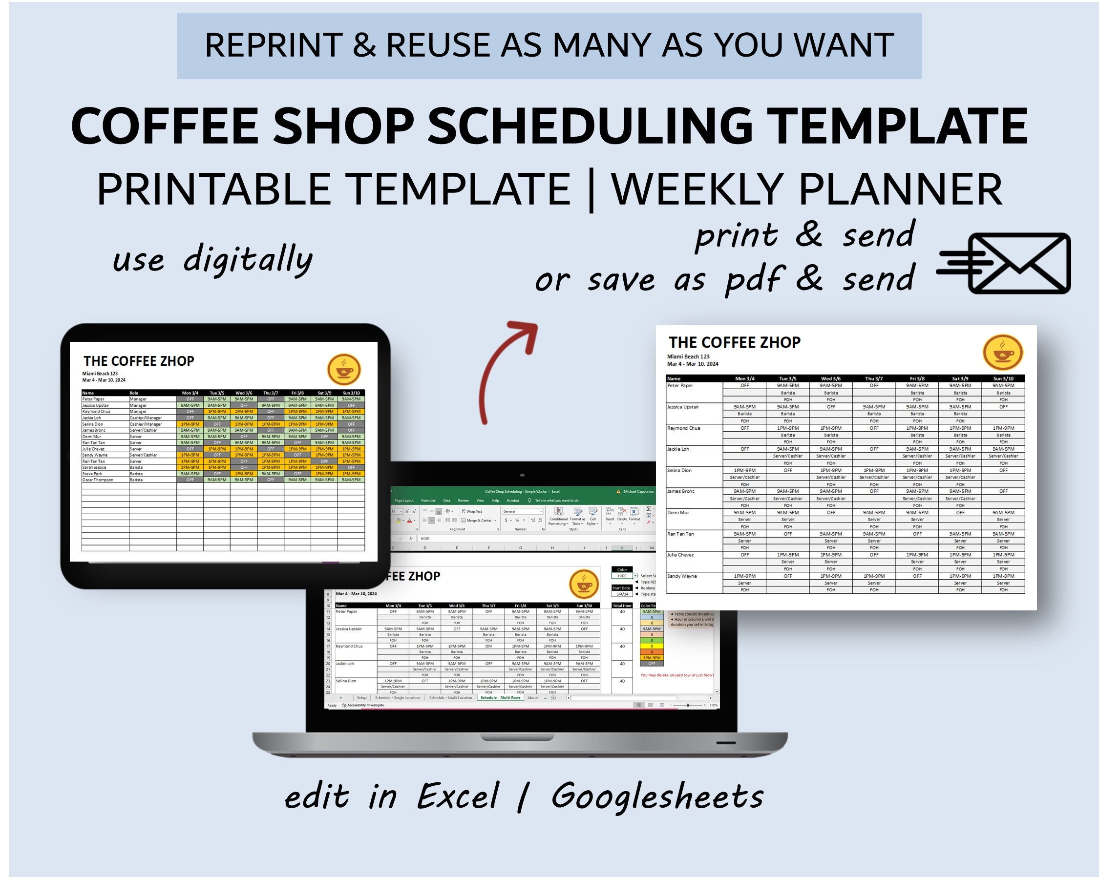 Coffee Shop Scheduling Template for Excel and Google Sheets | Multi ...