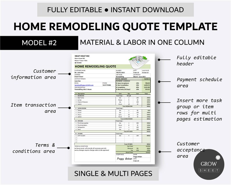 Printable Home Remodeling Quote Template | Construction Price Quotation ...