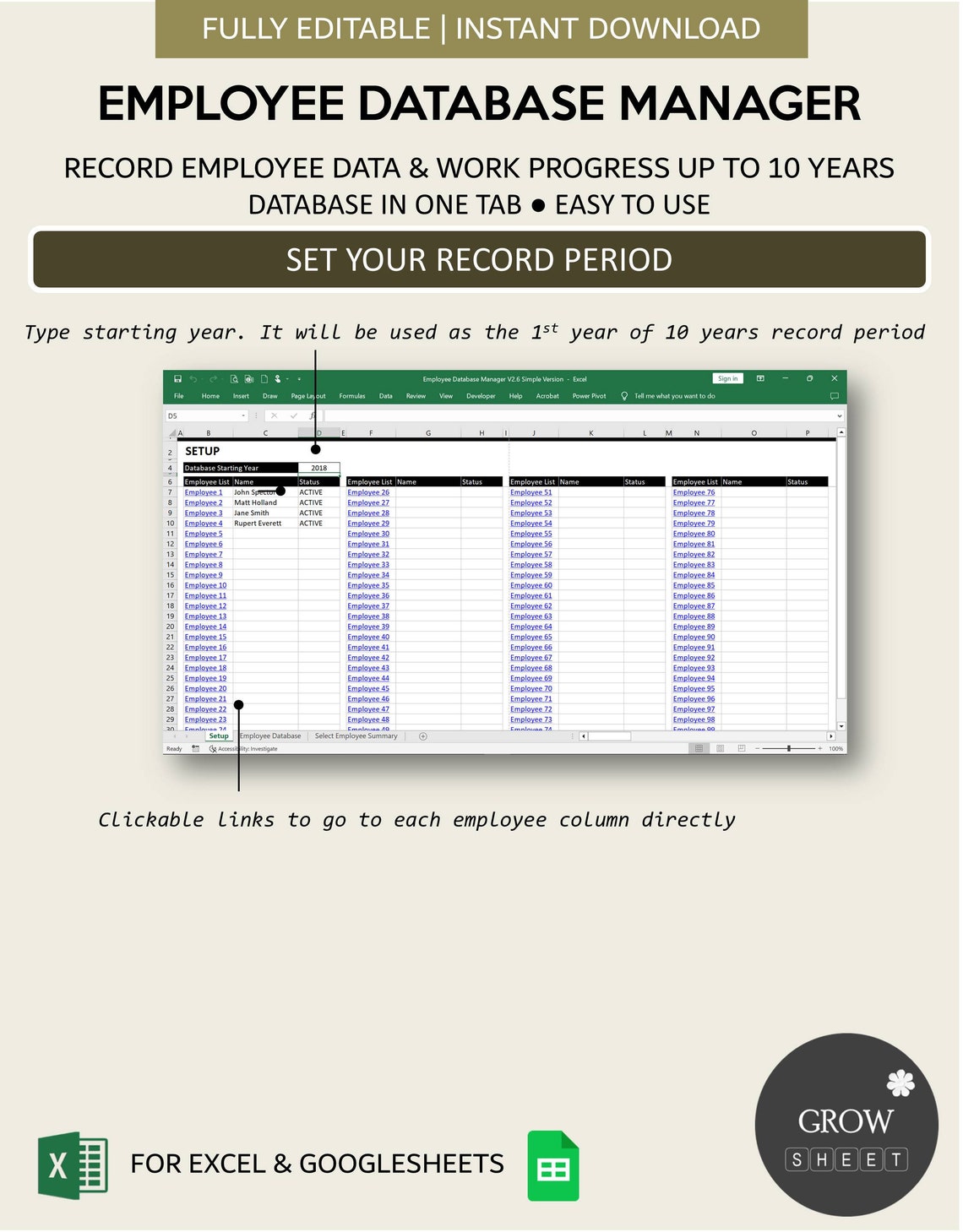 Simple Employee Database Manager for Excel and Google Sheets | Employee ...