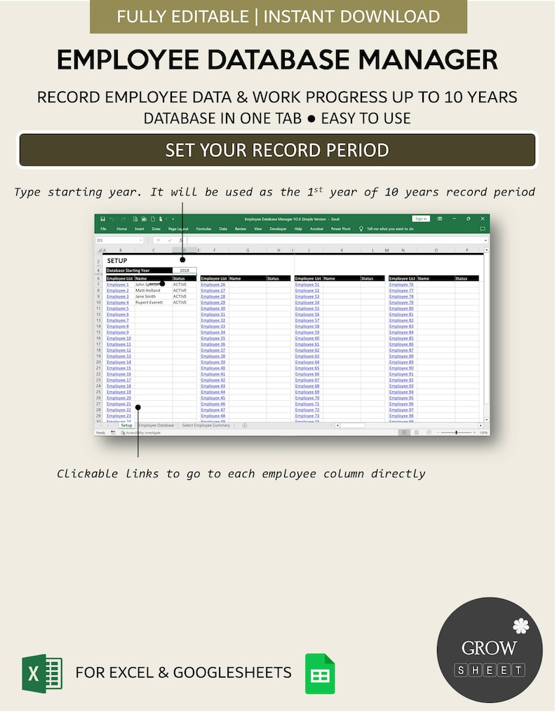 Simple Employee Database Manager for Excel and Google Sheets | Employee ...