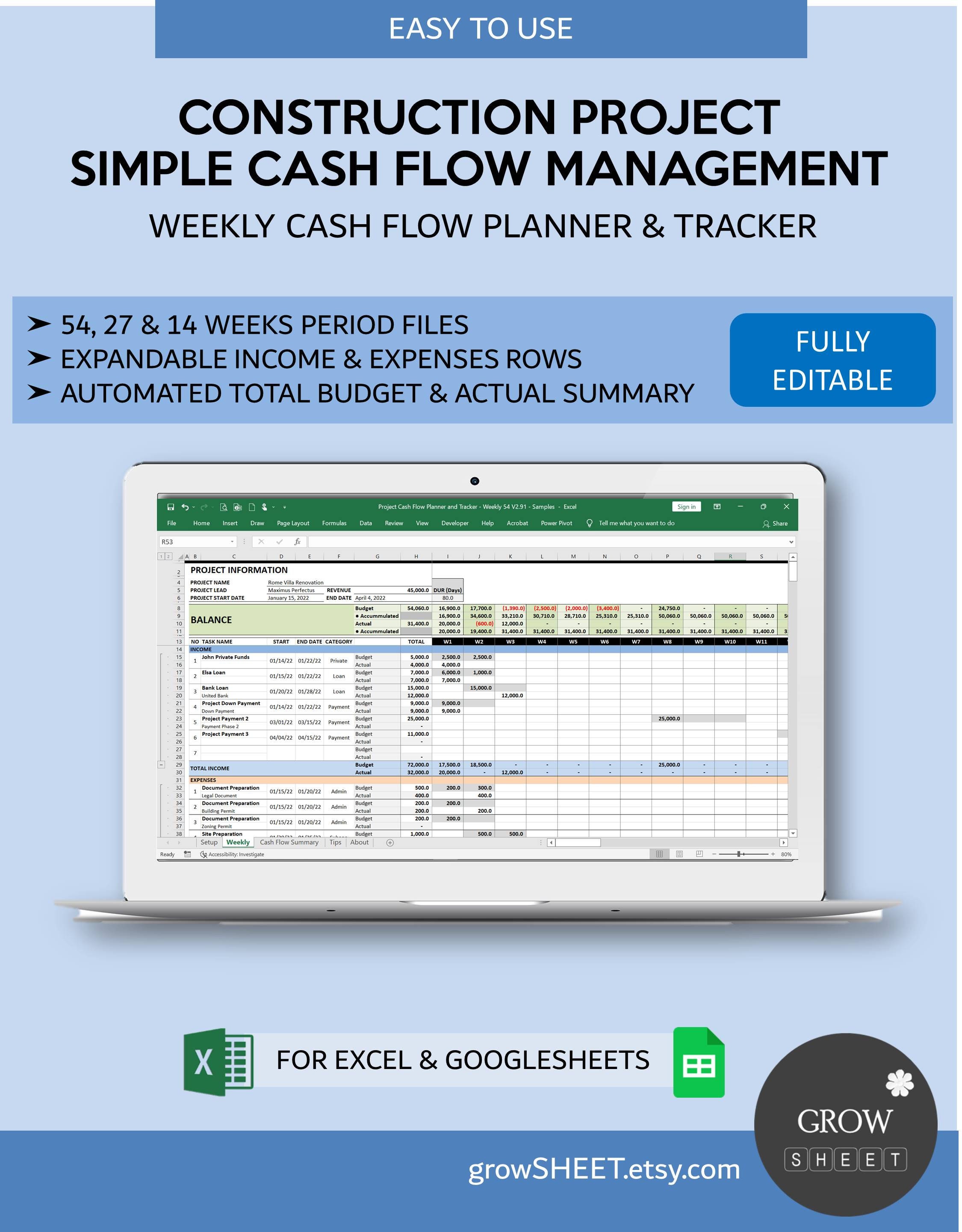 Simple Construction Project Cash Flow Planner and Tracker Spreadsheet ...