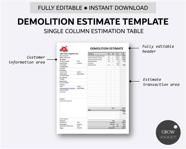 Printable Demolition Estimate Template for Excel and Google Sheets ...