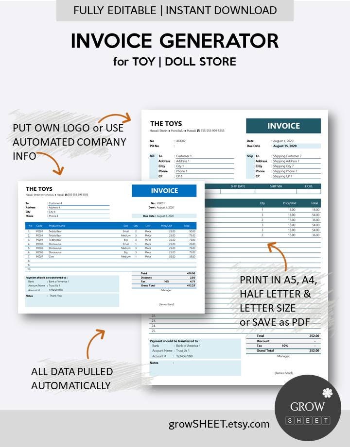 Invoice Generator for Toy Stores | Excel Invoice Template for Doll ...
