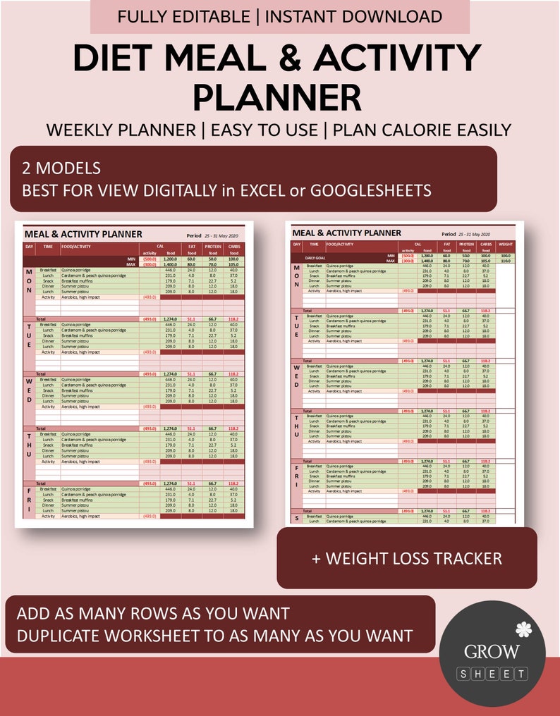 Diet Meal and Activity Planner for Excel and Google Sheets | Fully ...